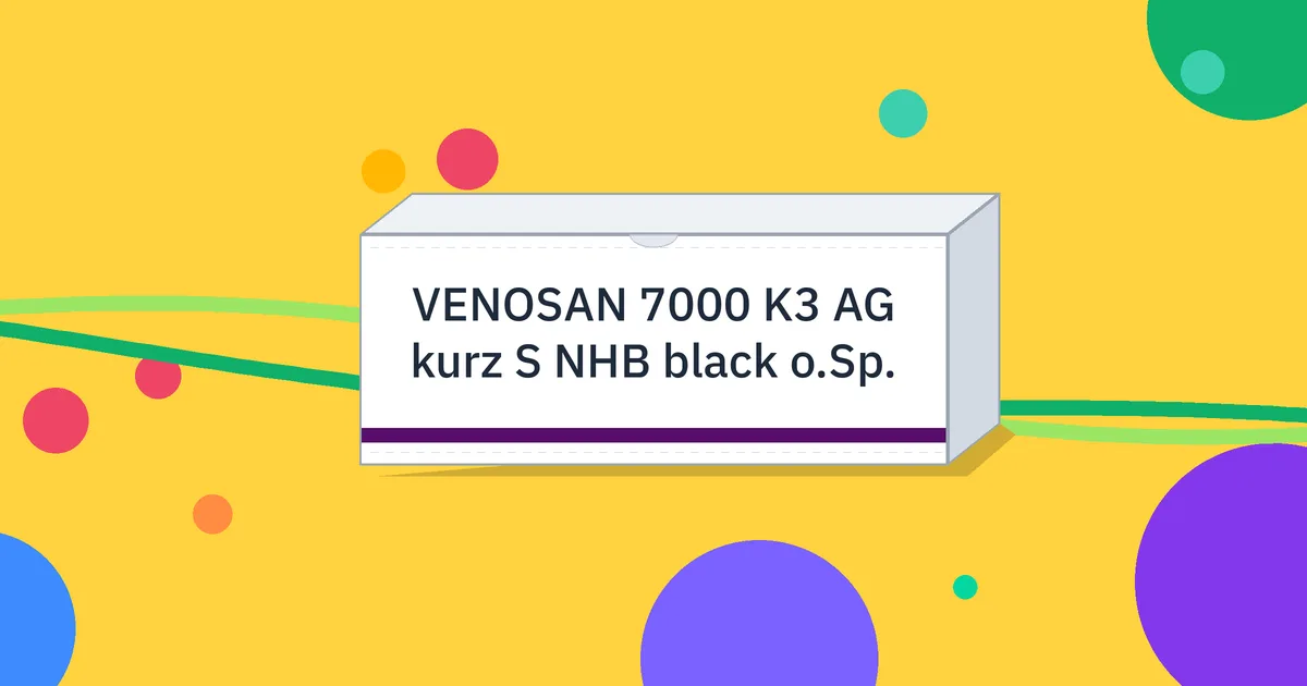 Symbolbild: Packung mit der Aufschrift VENOSAN 7000 K3 AG kurz S NHB black o.Sp. (PZN 14436586) – Verfügbarkeit und Bezug in Apotheken in Frankfurt am Main