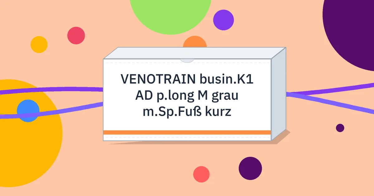Symbolbild: Packung mit der Aufschrift VENOTRAIN busin.K1 AD p.long M grau m.Sp.Fuß kurz (PZN 19057296) – Verfügbarkeit und Bezug in Apotheken in Frankfurt am Main
