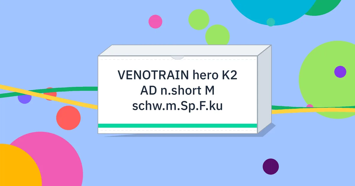 Symbolbild: Packung mit der Aufschrift VENOTRAIN hero K2 AD n.short M schw.m.Sp.F.ku (PZN 19189572) – Verfügbarkeit und Bezug in Apotheken in Frankfurt am Main