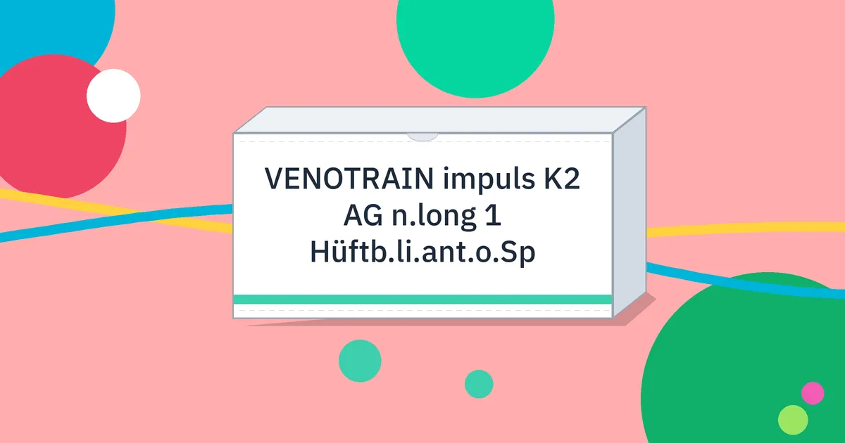 Symbolbild: Packung mit der Aufschrift VENOTRAIN impuls K2 AG n.long 1 Hüftb.li.ant.o.Sp (PZN 15219684) – Verfügbarkeit und Bezug in Apotheken in Frankfurt am Main