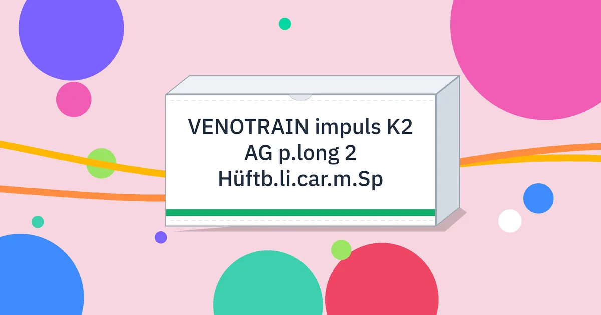 Symbolbild: Packung mit der Aufschrift VENOTRAIN impuls K2 AG p.long 2 Hüftb.li.car.m.Sp (PZN 10294600) – Verfügbarkeit und Bezug in Apotheken in Frankfurt am Main