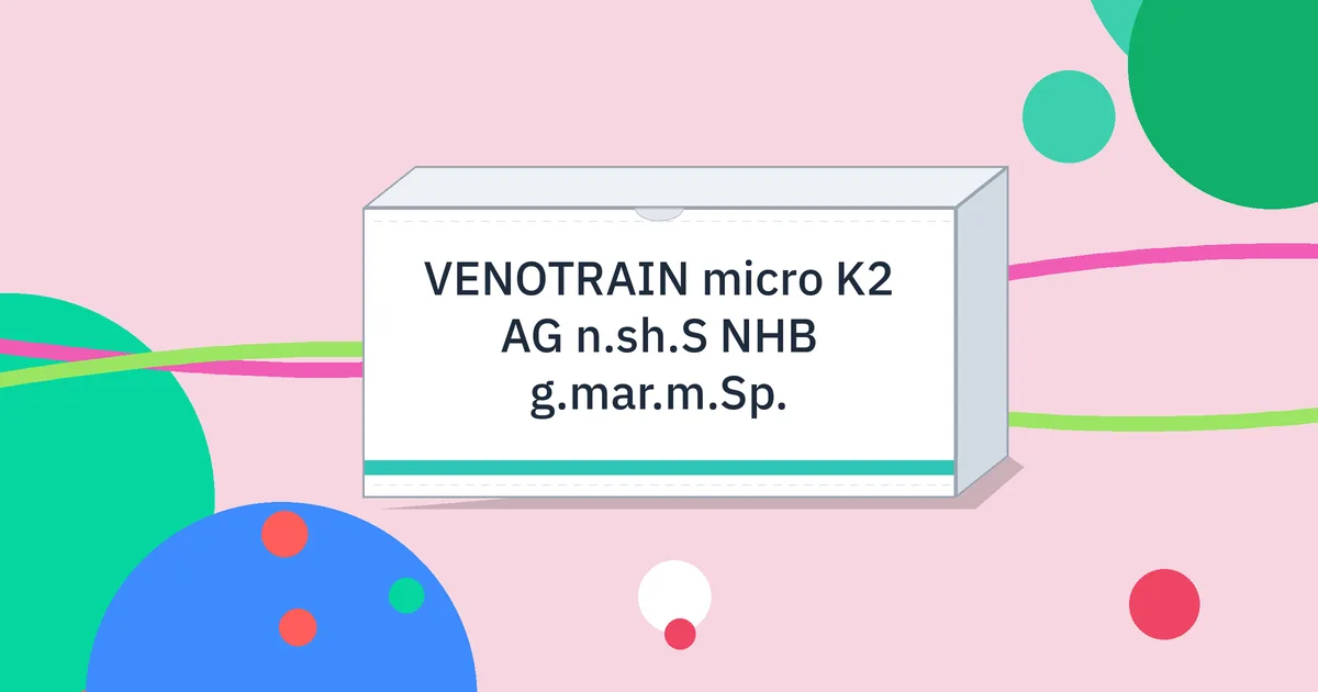 Symbolbild: Packung mit der Aufschrift VENOTRAIN micro K2 AG n.sh.S NHB g.mar.m.Sp. (PZN 04645722) – Verfügbarkeit und Bezug in Apotheken in Frankfurt am Main
