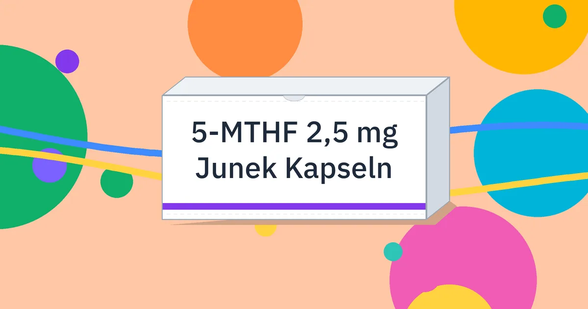 Symbolbild: Packung mit der Aufschrift 5-MTHF 2,5 mg Junek Kapseln (PZN 20078872) – Verfügbarkeit und Bezug in Apotheken in Frankfurt am Main