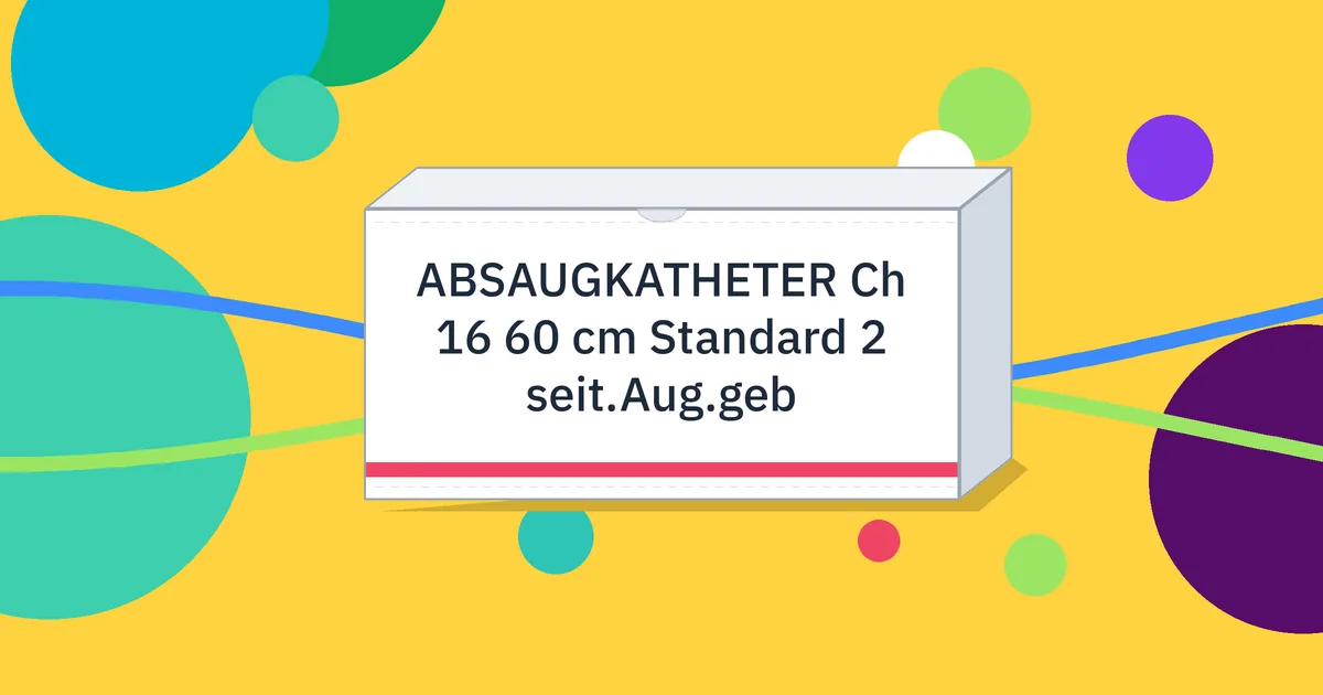 Symbolbild: Packung mit der Aufschrift ABSAUGKATHETER Ch 16 60 cm Standard 2 seit.Aug.geb (PZN 17177671) – Verfügbarkeit und Bezug in Apotheken in Frankfurt am Main