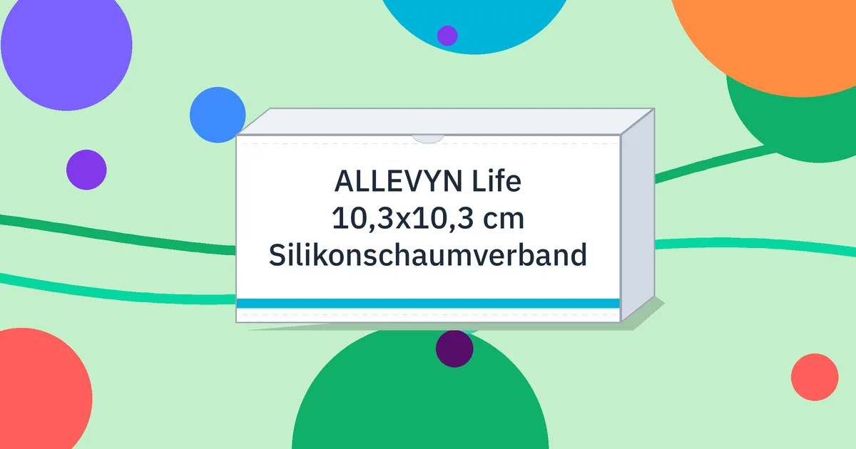 Symbolbild: Packung mit der Aufschrift ALLEVYN Life 10,3x10,3 cm Silikonschaumverband (PZN 16360232) – Verfügbarkeit und Bezug in Apotheken in Frankfurt am Main