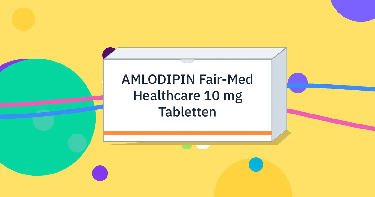 Symbolbild: Packung mit der Aufschrift AMLODIPIN Fair-Med Healthcare 10 mg Tabletten (PZN 14321417) – Verfügbarkeit und Bezug in Apotheken in Frankfurt am Main