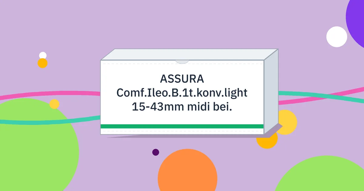 Symbolbild: Packung mit der Aufschrift ASSURA Comf.Ileo.B.1t.konv.light 15-43mm midi bei. (PZN 02239047) – Verfügbarkeit und Bezug in Apotheken in Frankfurt am Main