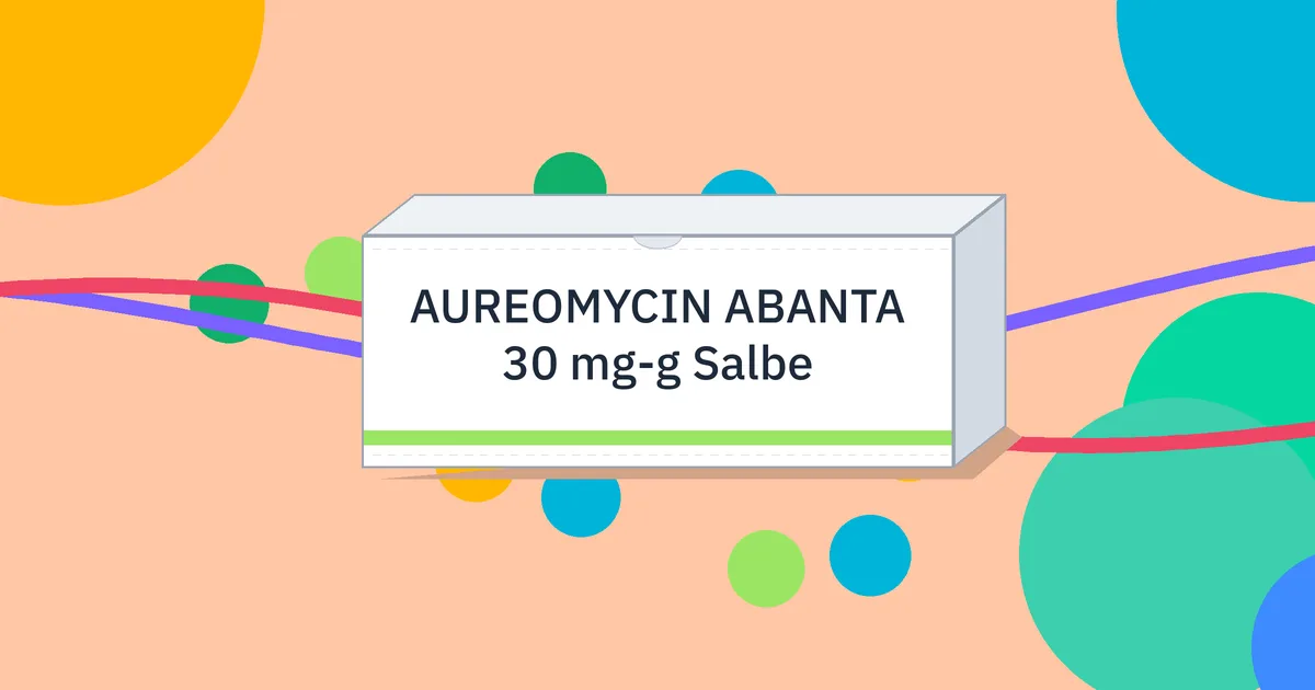 Symbolbild: Packung mit der Aufschrift AUREOMYCIN ABANTA 30 mg-g Salbe (PZN 13863719) – Verfügbarkeit und Bezug in Apotheken in Frankfurt am Main