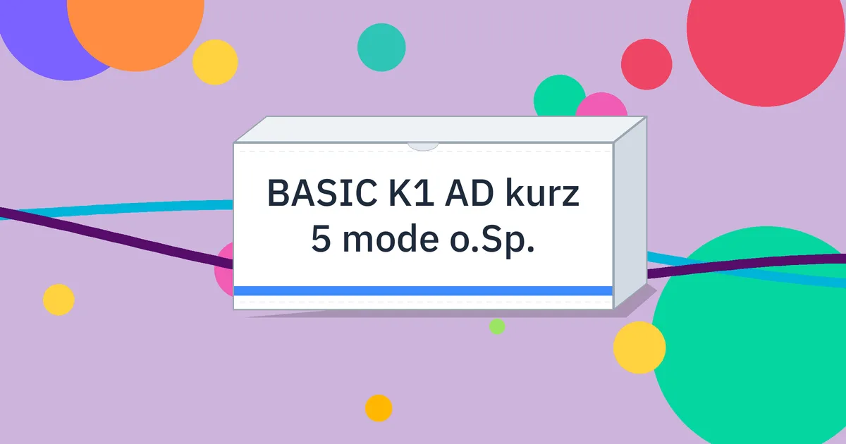 Symbolbild: Packung mit der Aufschrift BASIC K1 AD kurz 5 mode o.Sp. (PZN 20258930) – Verfügbarkeit und Bezug in Apotheken in Frankfurt am Main