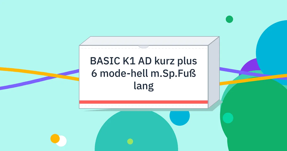 Symbolbild: Packung mit der Aufschrift BASIC K1 AD kurz plus 6 mode-hell m.Sp.Fuß lang (PZN 20259332) – Verfügbarkeit und Bezug in Apotheken in Frankfurt am Main