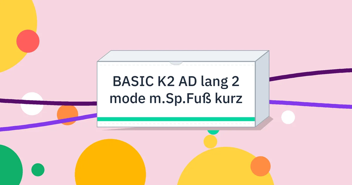 Symbolbild: Packung mit der Aufschrift BASIC K2 AD lang 2 mode m.Sp.Fuß kurz (PZN 20264103) – Verfügbarkeit und Bezug in Apotheken in Frankfurt am Main