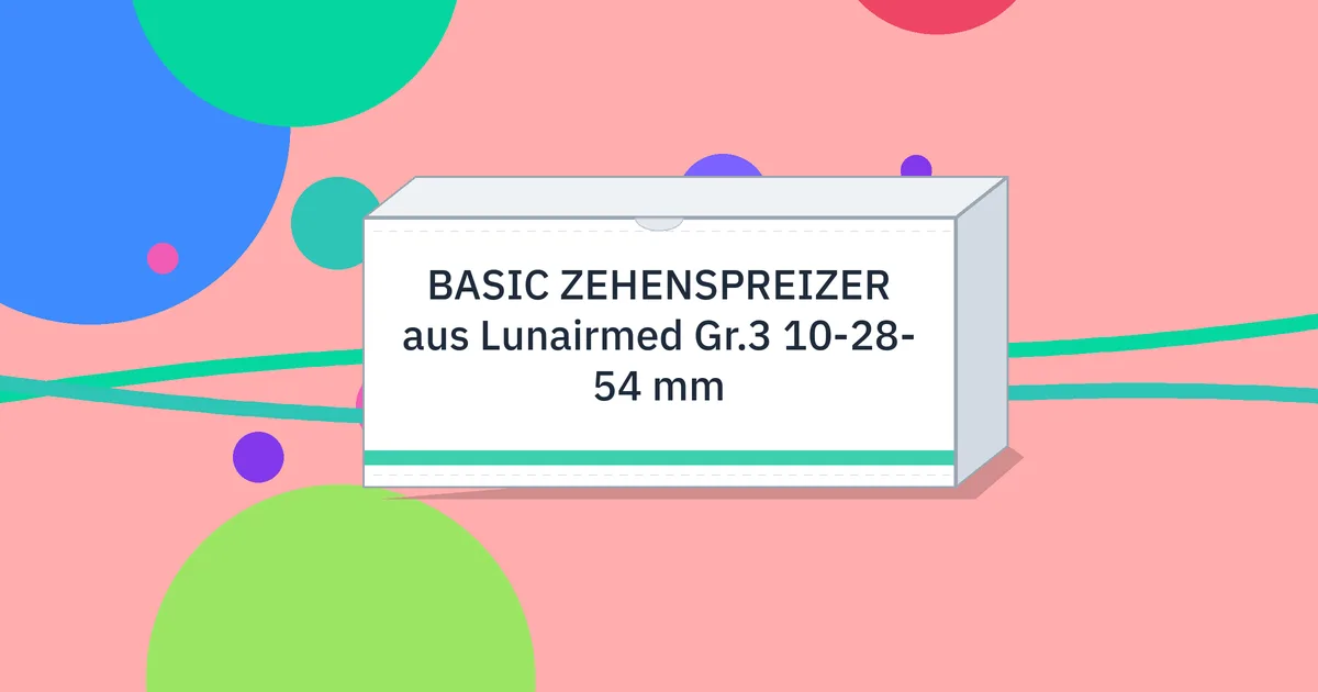 Symbolbild: Packung mit der Aufschrift BASIC ZEHENSPREIZER aus Lunairmed Gr.3 10-28-54 mm (PZN 15380600) – Verfügbarkeit und Bezug in Apotheken in Frankfurt am Main