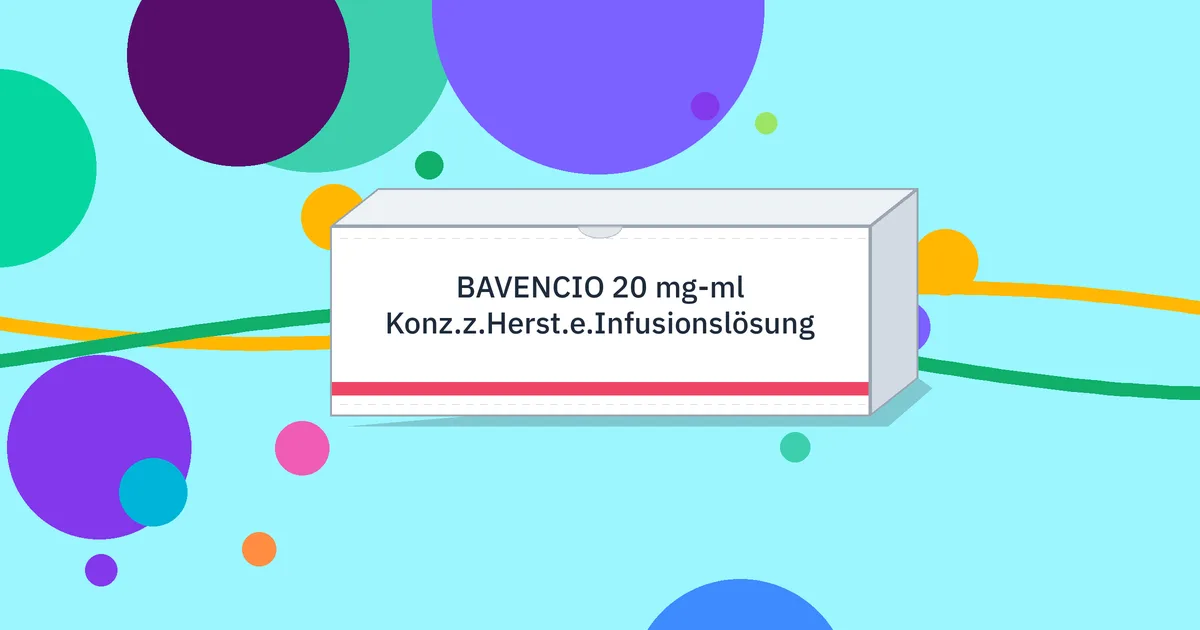 Symbolbild: Packung mit der Aufschrift BAVENCIO 20 mg-ml Konz.z.Herst.e.Infusionslösung (PZN 19054381) – Verfügbarkeit und Bezug in Apotheken in Frankfurt am Main