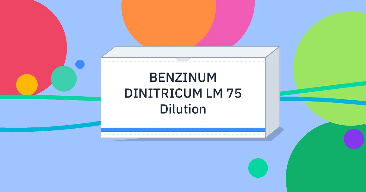 Symbolbild: Packung mit der Aufschrift BENZINUM DINITRICUM LM 75 Dilution (PZN 13382730) – Verfügbarkeit und Bezug in Apotheken in Frankfurt am Main