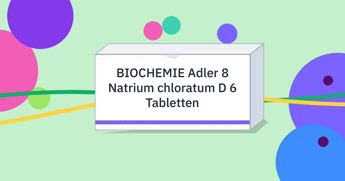 Symbolbild: Packung mit der Aufschrift BIOCHEMIE Adler 8 Natrium chloratum D 6 Tabletten (PZN 02727485) – Verfügbarkeit und Bezug in Apotheken in Frankfurt am Main