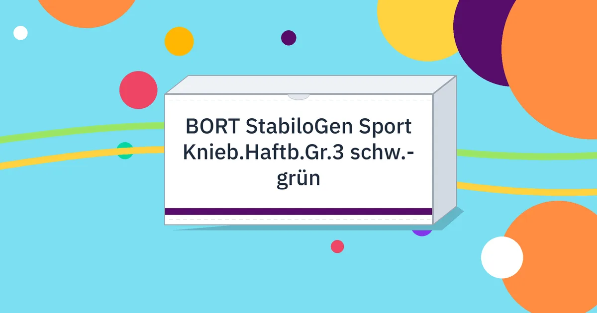 Symbolbild: Packung mit der Aufschrift BORT StabiloGen Sport Knieb.Haftb.Gr.3 schw.-grün (PZN 19111268) – Verfügbarkeit und Bezug in Apotheken in Frankfurt am Main