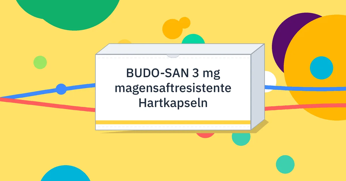 Symbolbild: Packung mit der Aufschrift BUDO-SAN 3 mg magensaftresistente Hartkapseln (PZN 19472612) – Verfügbarkeit und Bezug in Apotheken in Frankfurt am Main