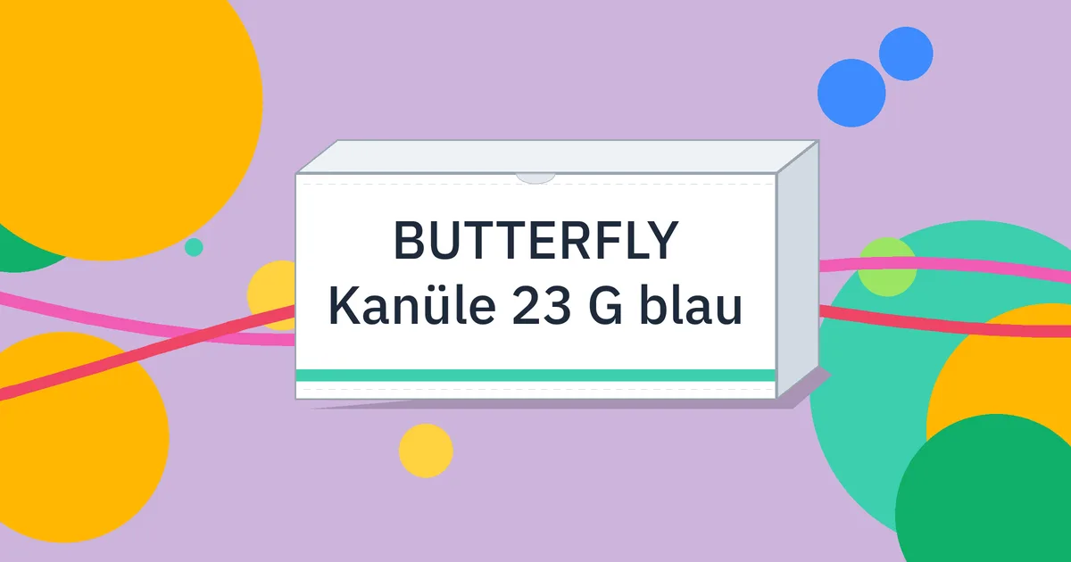 Symbolbild: Packung mit der Aufschrift BUTTERFLY Kanüle 23 G blau (PZN 09685318) – Verfügbarkeit und Bezug in Apotheken in Frankfurt am Main