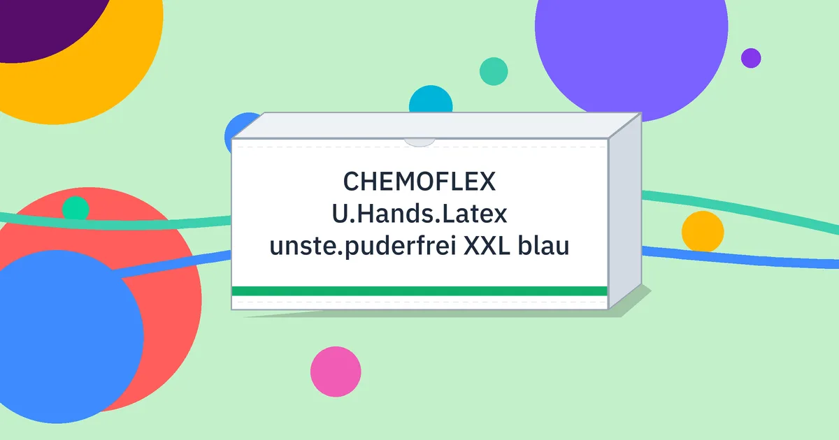 Symbolbild: Packung mit der Aufschrift CHEMOFLEX U.Hands.Latex unste.puderfrei XXL blau (PZN 19429160) – Verfügbarkeit und Bezug in Apotheken in Frankfurt am Main