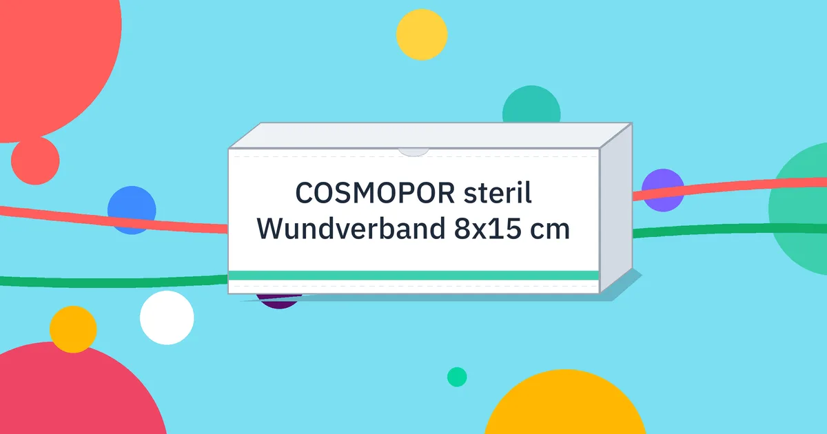 Symbolbild: Packung mit der Aufschrift COSMOPOR steril Wundverband 8x15 cm (PZN 18319908) – Verfügbarkeit und Bezug in Apotheken in Frankfurt am Main