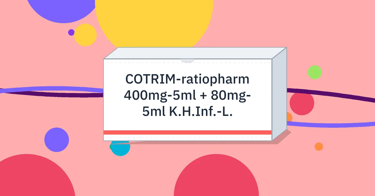 Symbolbild: Packung mit der Aufschrift COTRIM-ratiopharm 400mg-5ml + 80mg-5ml K.H.Inf.-L. (PZN 17550615) – Verfügbarkeit und Bezug in Apotheken in Frankfurt am Main