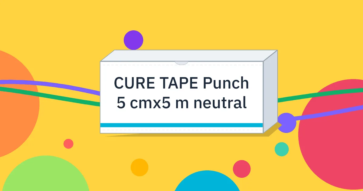 Symbolbild: Packung mit der Aufschrift CURE TAPE Punch 5 cmx5 m neutral (PZN 07678745) – Verfügbarkeit und Bezug in Apotheken in Frankfurt am Main