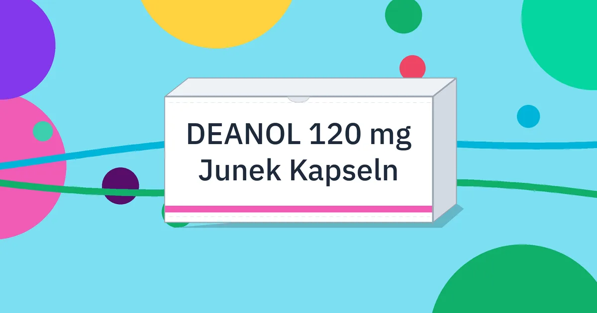 Symbolbild: Packung mit der Aufschrift DEANOL 120 mg Junek Kapseln (PZN 10977049) – Verfügbarkeit und Bezug in Apotheken in Frankfurt am Main