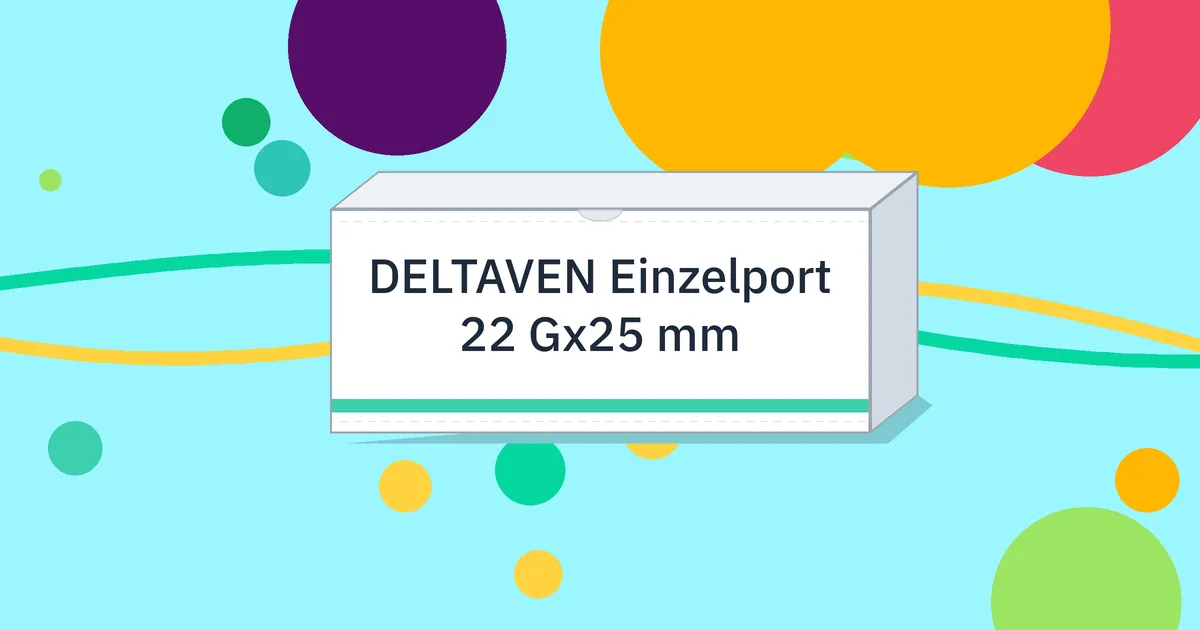 Symbolbild: Packung mit der Aufschrift DELTAVEN Einzelport 22 Gx25 mm (PZN 20365175) – Verfügbarkeit und Bezug in Apotheken in Frankfurt am Main