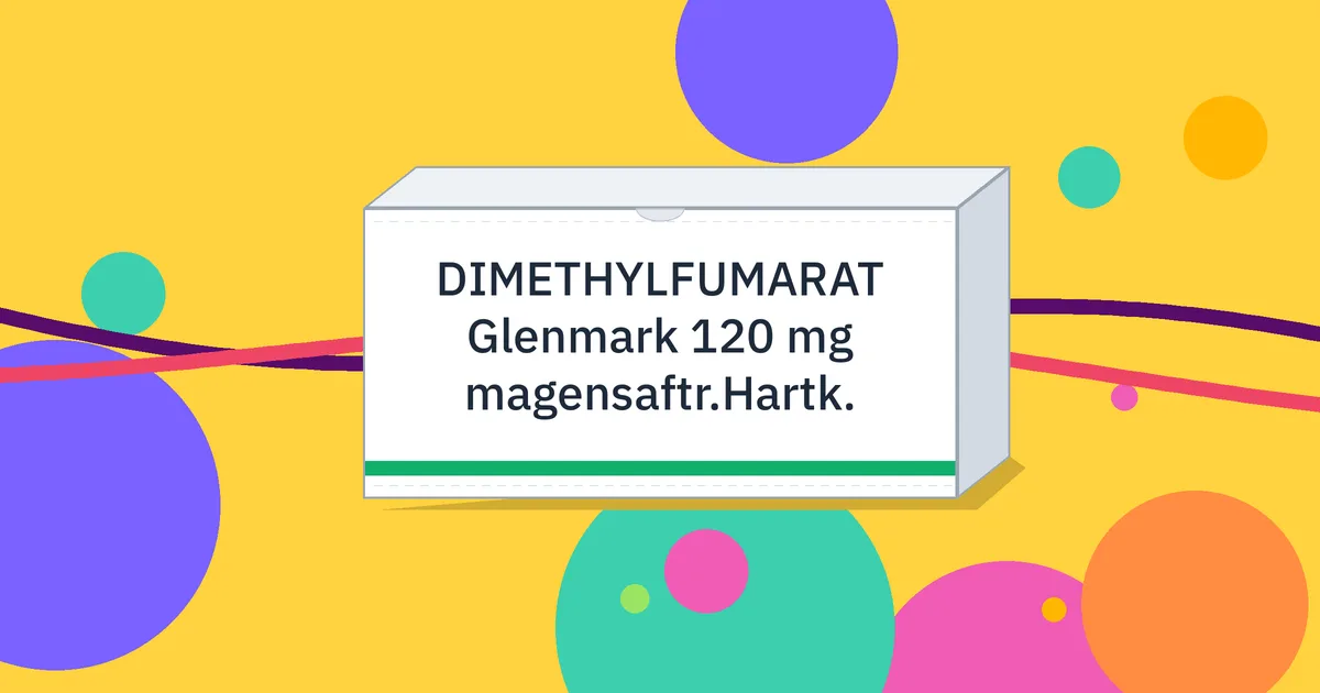 Symbolbild: Packung mit der Aufschrift DIMETHYLFUMARAT Glenmark 120 mg magensaftr.Hartk. (PZN 18792579) – Verfügbarkeit und Bezug in Apotheken in Frankfurt am Main