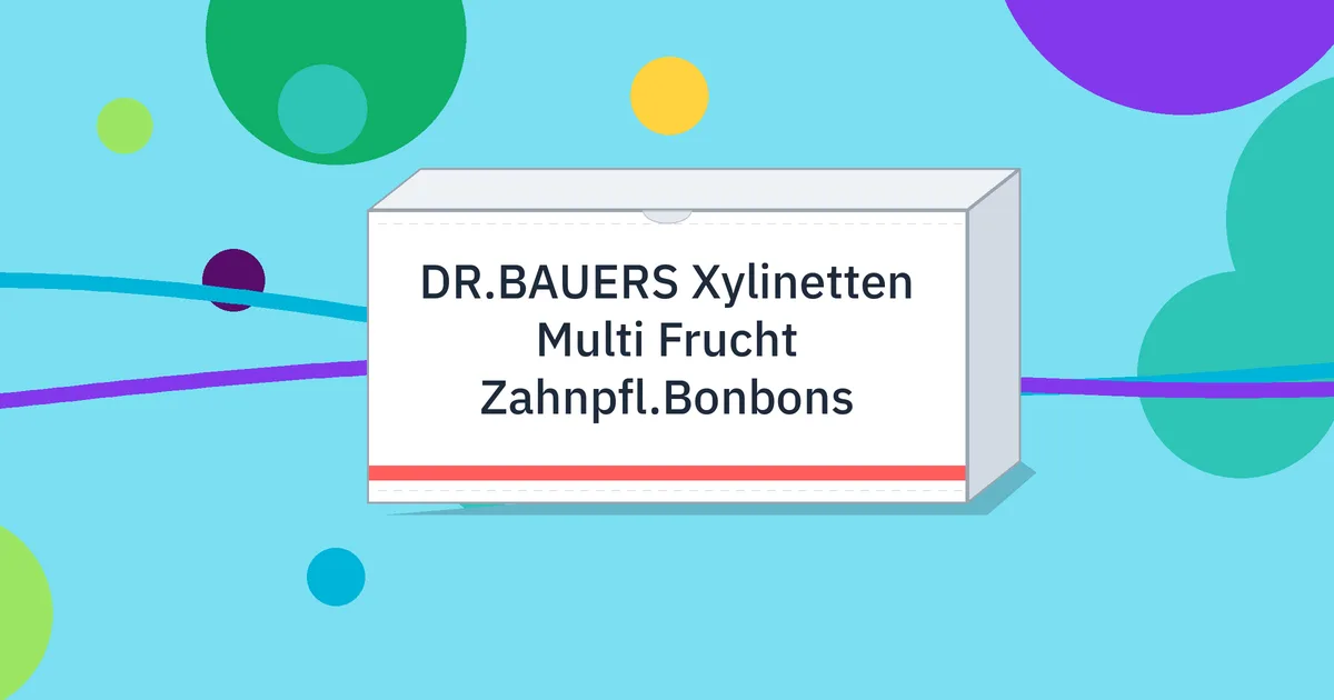 Symbolbild: Packung mit der Aufschrift DR.BAUERS Xylinetten Multi Frucht Zahnpfl.Bonbons (PZN 18113041) – Verfügbarkeit und Bezug in Apotheken in Frankfurt am Main