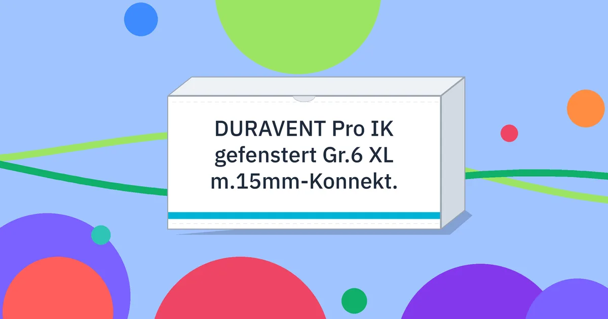 Symbolbild: Packung mit der Aufschrift DURAVENT Pro IK gefenstert Gr.6 XL m.15mm-Konnekt. (PZN 19243231) – Verfügbarkeit und Bezug in Apotheken in Frankfurt am Main