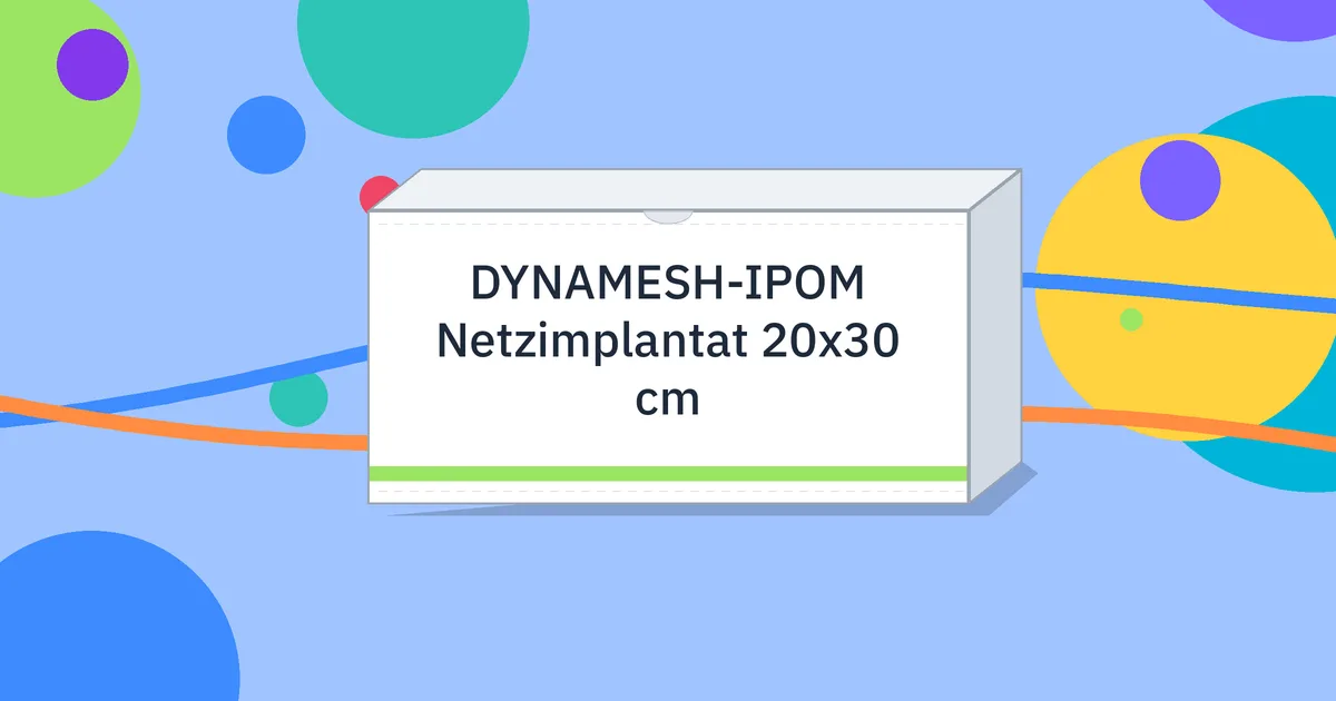 Symbolbild: Packung mit der Aufschrift DYNAMESH-IPOM Netzimplantat 20x30 cm (PZN 19389710) – Verfügbarkeit und Bezug in Apotheken in Frankfurt am Main