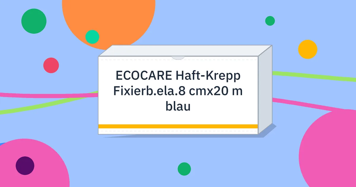 Symbolbild: Packung mit der Aufschrift ECOCARE Haft-Krepp Fixierb.ela.8 cmx20 m blau (PZN 11518823) – Verfügbarkeit und Bezug in Apotheken in Frankfurt am Main
