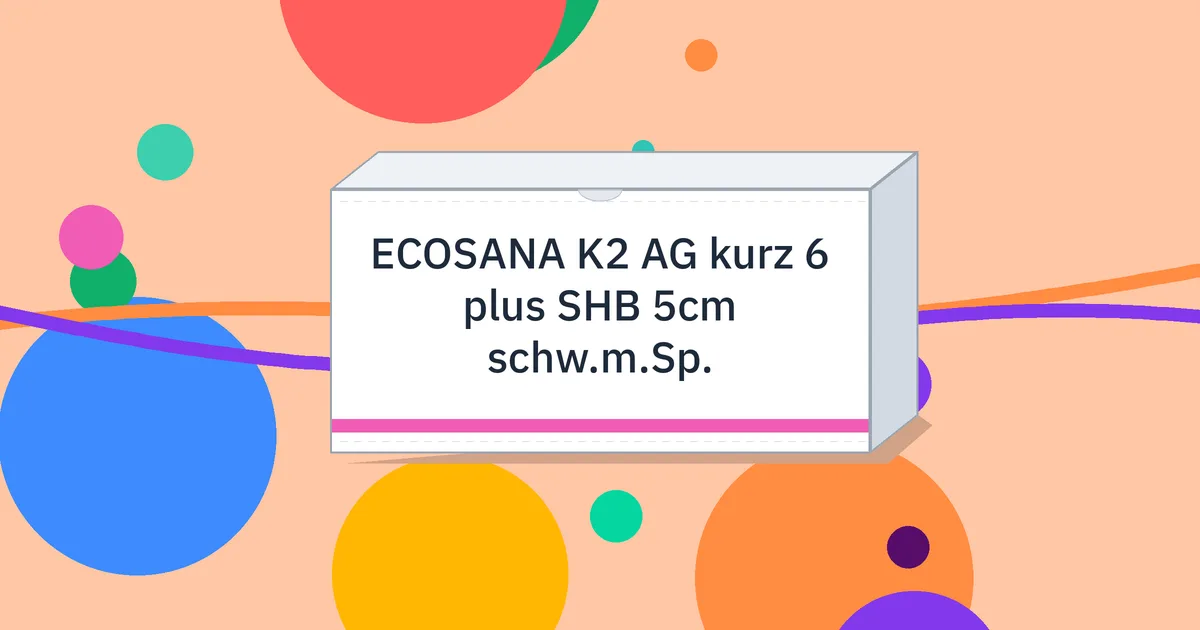 Symbolbild: Packung mit der Aufschrift ECOSANA K2 AG kurz 6 plus SHB 5cm schw.m.Sp. (PZN 01499817) – Verfügbarkeit und Bezug in Apotheken in Frankfurt am Main