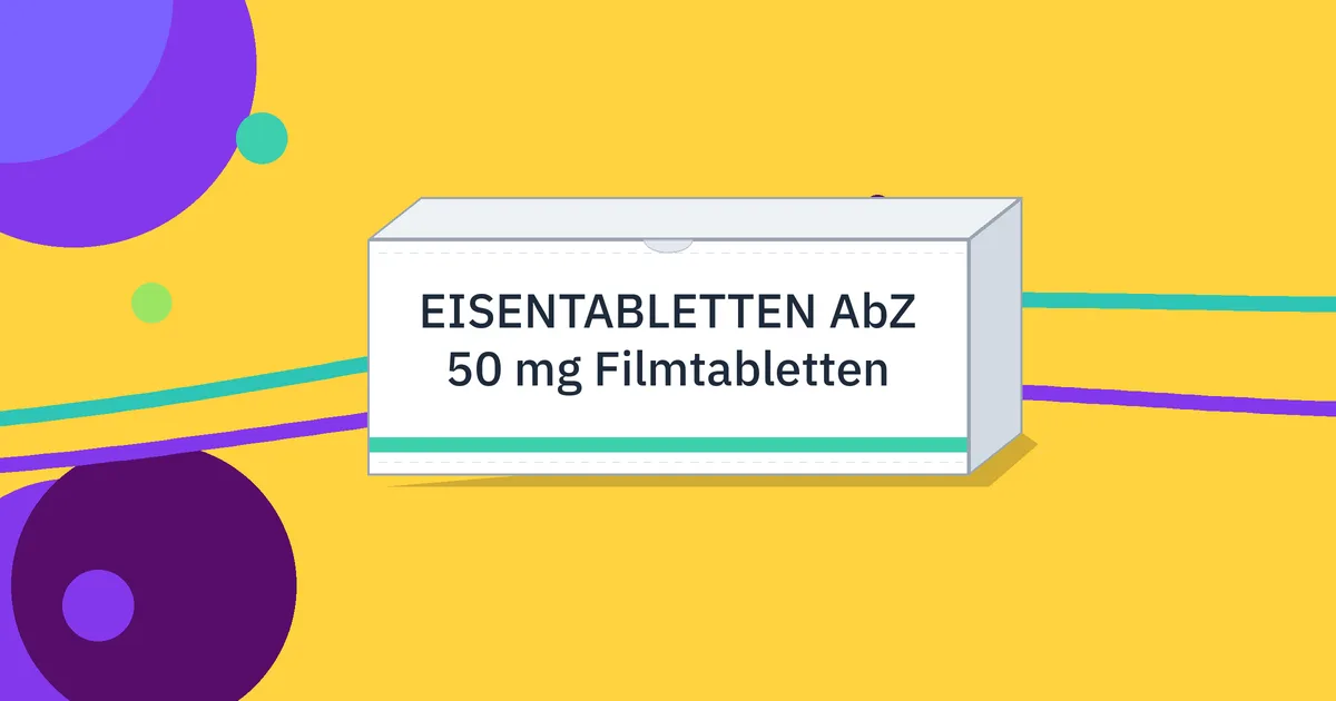 Symbolbild: Packung mit der Aufschrift EISENTABLETTEN AbZ 50 mg Filmtabletten (PZN 06683721) – Verfügbarkeit und Bezug in Apotheken in Frankfurt am Main
