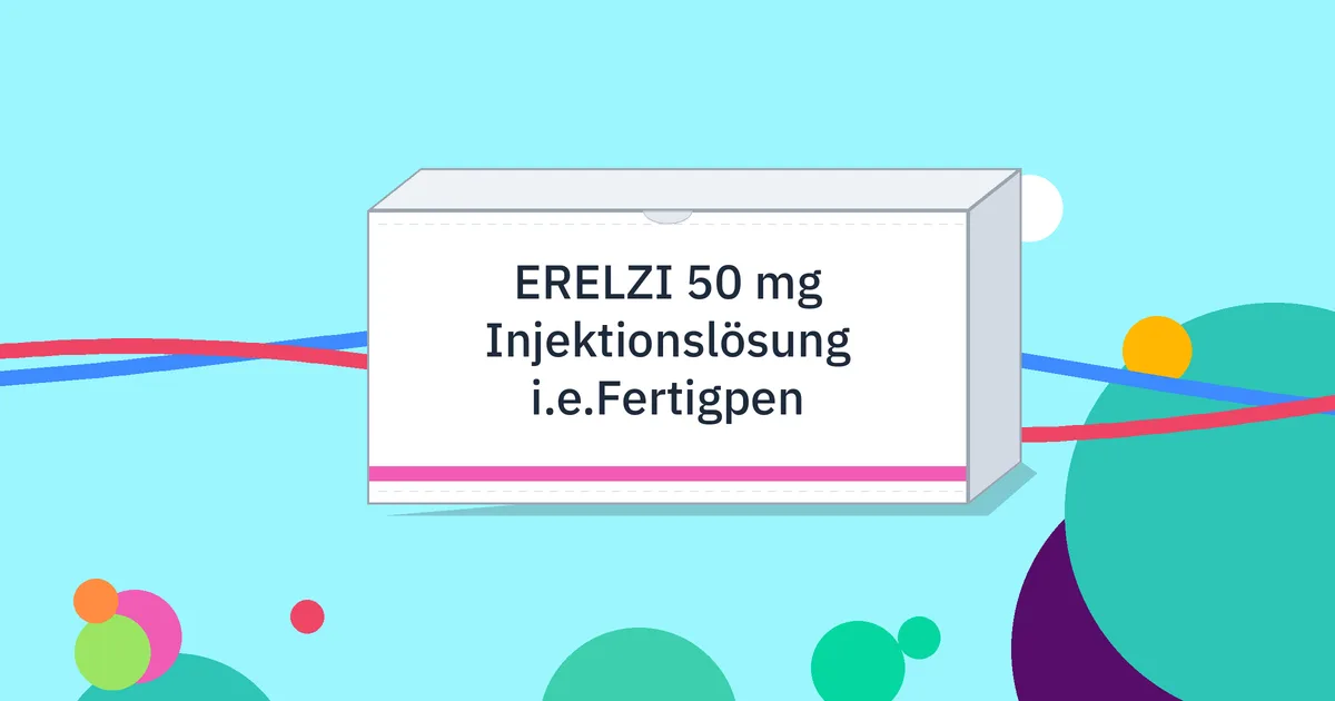 Symbolbild: Packung mit der Aufschrift ERELZI 50 mg Injektionslösung i.e.Fertigpen (PZN 18454227) – Verfügbarkeit und Bezug in Apotheken in Frankfurt am Main