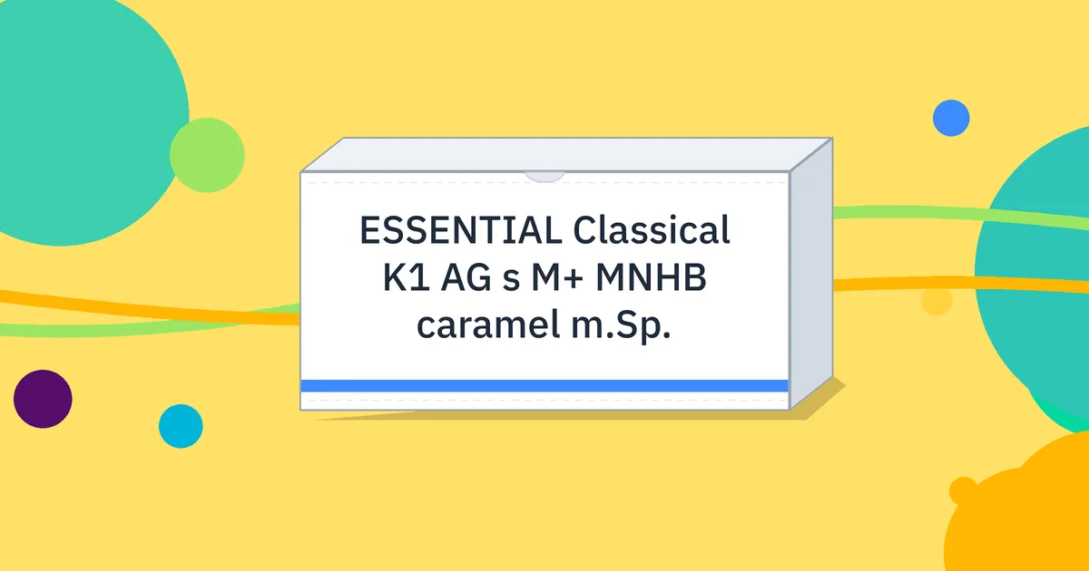 Symbolbild: Packung mit der Aufschrift ESSENTIAL Classical K1 AG s M+ MNHB caramel m.Sp. (PZN 19321534) – Verfügbarkeit und Bezug in Apotheken in Frankfurt am Main