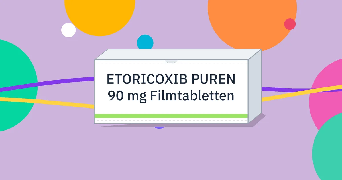 Symbolbild: Packung mit der Aufschrift ETORICOXIB PUREN 90 mg Filmtabletten (PZN 12361737) – Verfügbarkeit und Bezug in Apotheken in Frankfurt am Main