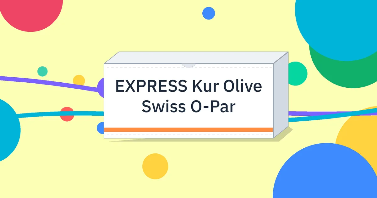 Symbolbild: Packung mit der Aufschrift EXPRESS Kur Olive Swiss O-Par (PZN 12360749) – Verfügbarkeit und Bezug in Apotheken in Frankfurt am Main