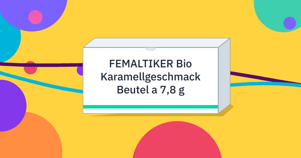 Symbolbild: Packung mit der Aufschrift FEMALTIKER Bio Karamellgeschmack Beutel a 7,8 g (PZN 17877523) – Verfügbarkeit und Bezug in Apotheken in Frankfurt am Main