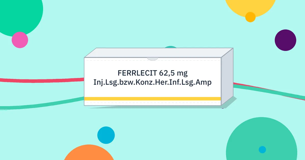 Symbolbild: Packung mit der Aufschrift FERRLECIT 62,5 mg Inj.Lsg.bzw.Konz.Her.Inf.Lsg.Amp (PZN 18789689) – Verfügbarkeit und Bezug in Apotheken in Frankfurt am Main