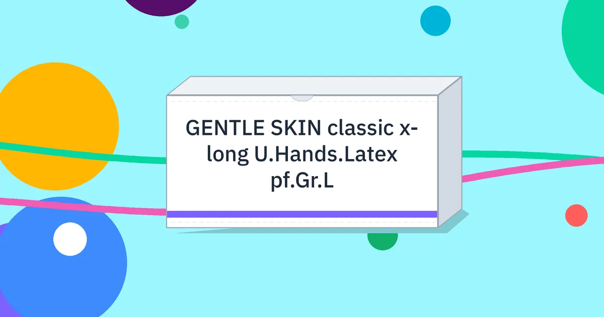 Symbolbild: Packung mit der Aufschrift GENTLE SKIN classic x-long U.Hands.Latex pf.Gr.L (PZN 11349958) – Verfügbarkeit und Bezug in Apotheken in Frankfurt am Main