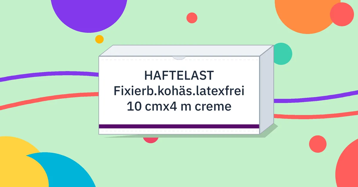 Symbolbild: Packung mit der Aufschrift HAFTELAST Fixierb.kohäs.latexfrei 10 cmx4 m creme (PZN 11382476) – Verfügbarkeit und Bezug in Apotheken in Frankfurt am Main