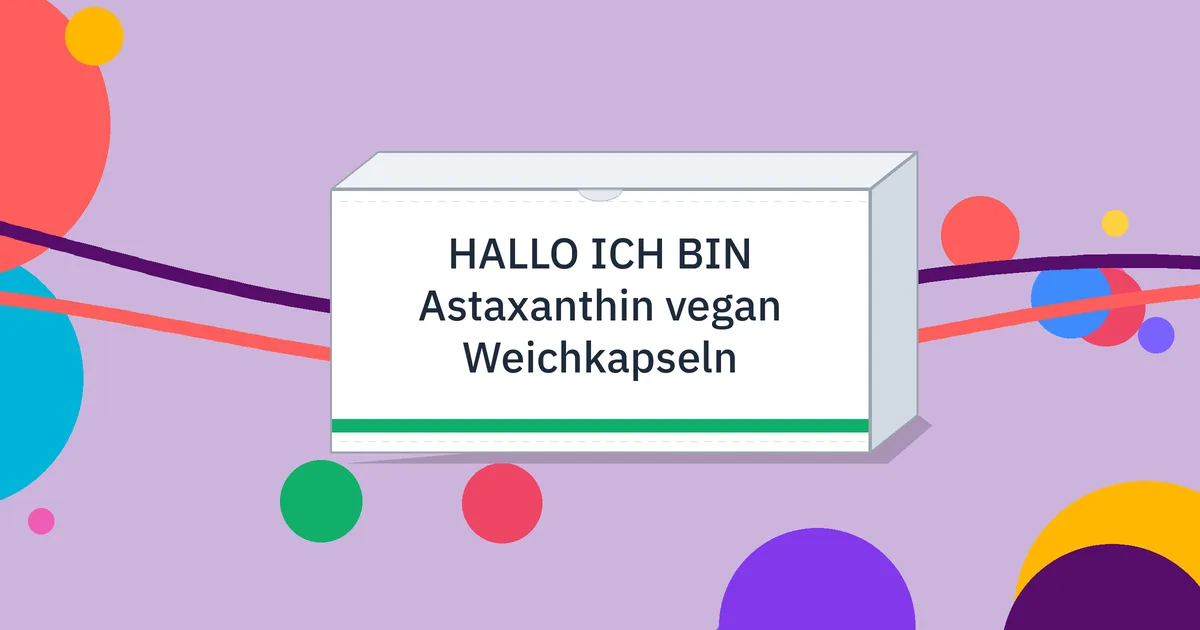 Symbolbild: Packung mit der Aufschrift HALLO ICH BIN Astaxanthin vegan Weichkapseln (PZN 14293827) – Verfügbarkeit und Bezug in Apotheken in Frankfurt am Main