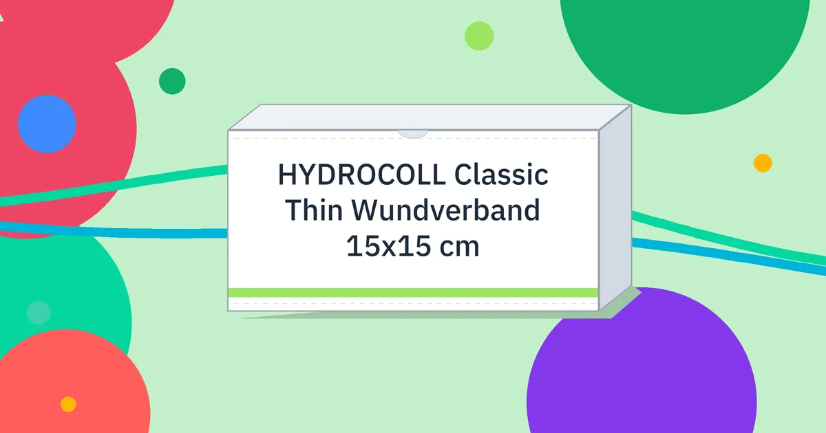 Symbolbild: Packung mit der Aufschrift HYDROCOLL Classic Thin Wundverband 15x15 cm (PZN 19413041) – Verfügbarkeit und Bezug in Apotheken in Frankfurt am Main