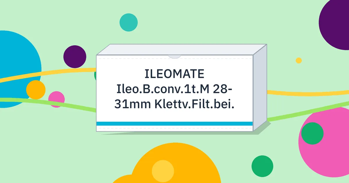 Symbolbild: Packung mit der Aufschrift ILEOMATE Ileo.B.conv.1t.M 28-31mm Klettv.Filt.bei. (PZN 03377403) – Verfügbarkeit und Bezug in Apotheken in Frankfurt am Main