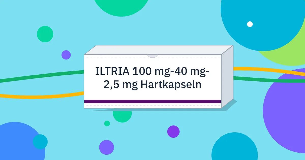 Symbolbild: Packung mit der Aufschrift ILTRIA 100 mg-40 mg-2,5 mg Hartkapseln (PZN 13359961) – Verfügbarkeit und Bezug in Apotheken in Frankfurt am Main