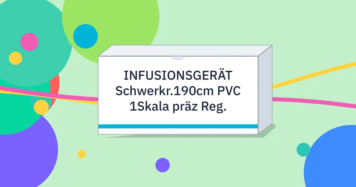 Symbolbild: Packung mit der Aufschrift INFUSIONSGERÄT Schwerkr.190cm PVC 1Skala präz Reg. (PZN 18897841) – Verfügbarkeit und Bezug in Apotheken in Frankfurt am Main