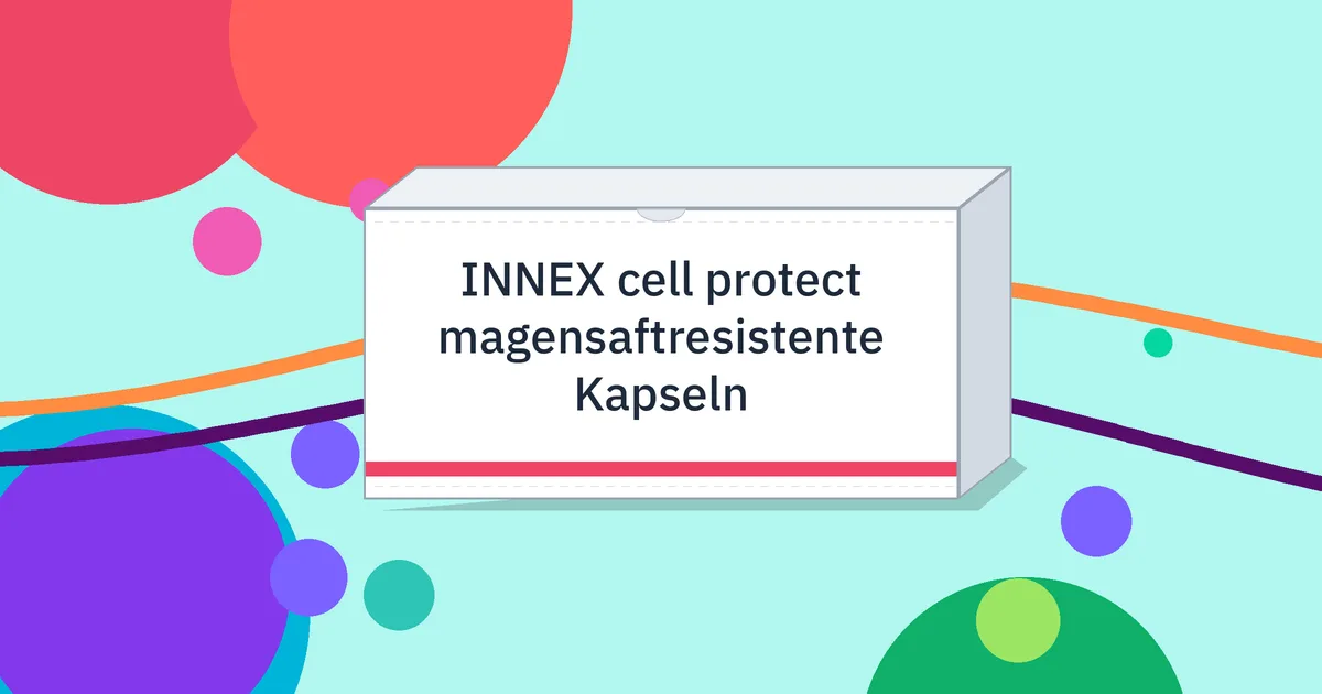 Symbolbild: Packung mit der Aufschrift INNEX cell protect magensaftresistente Kapseln (PZN 13923166) – Verfügbarkeit und Bezug in Apotheken in Frankfurt am Main
