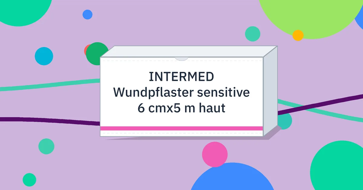 Symbolbild: Packung mit der Aufschrift INTERMED Wundpflaster sensitive 6 cmx5 m haut (PZN 02671052) – Verfügbarkeit und Bezug in Apotheken in Frankfurt am Main